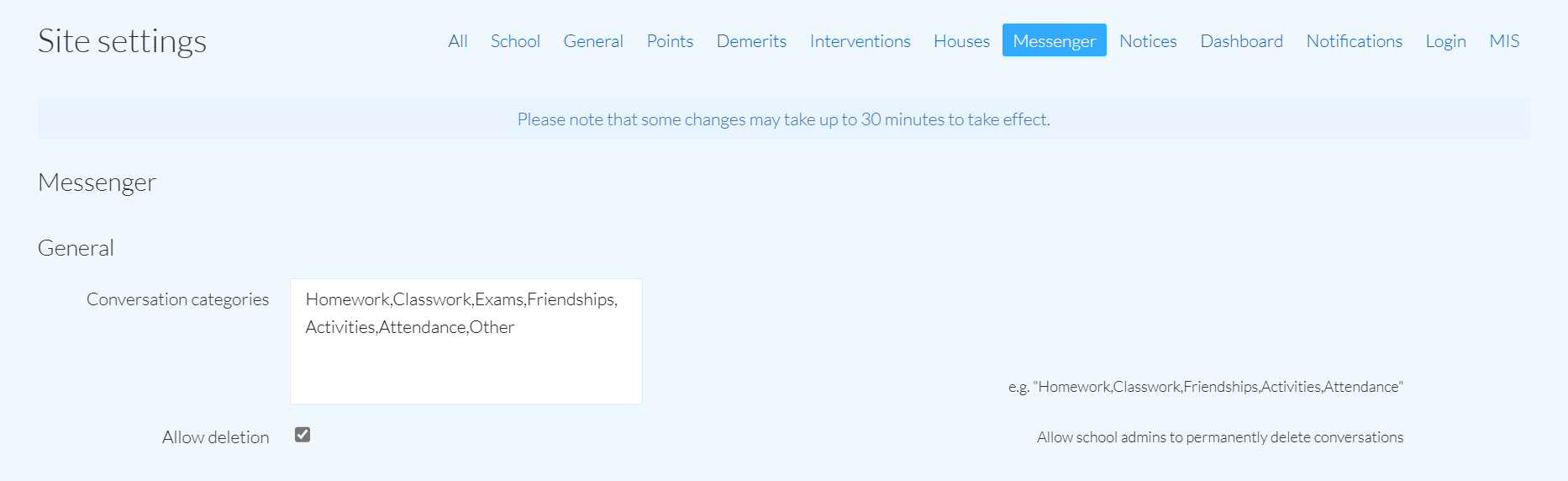 Epraise Site Settings: Messenger