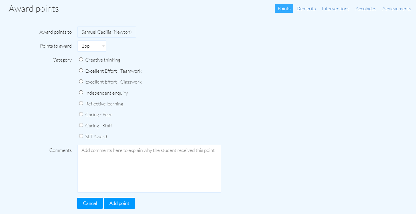 Epraise: Awarding Points