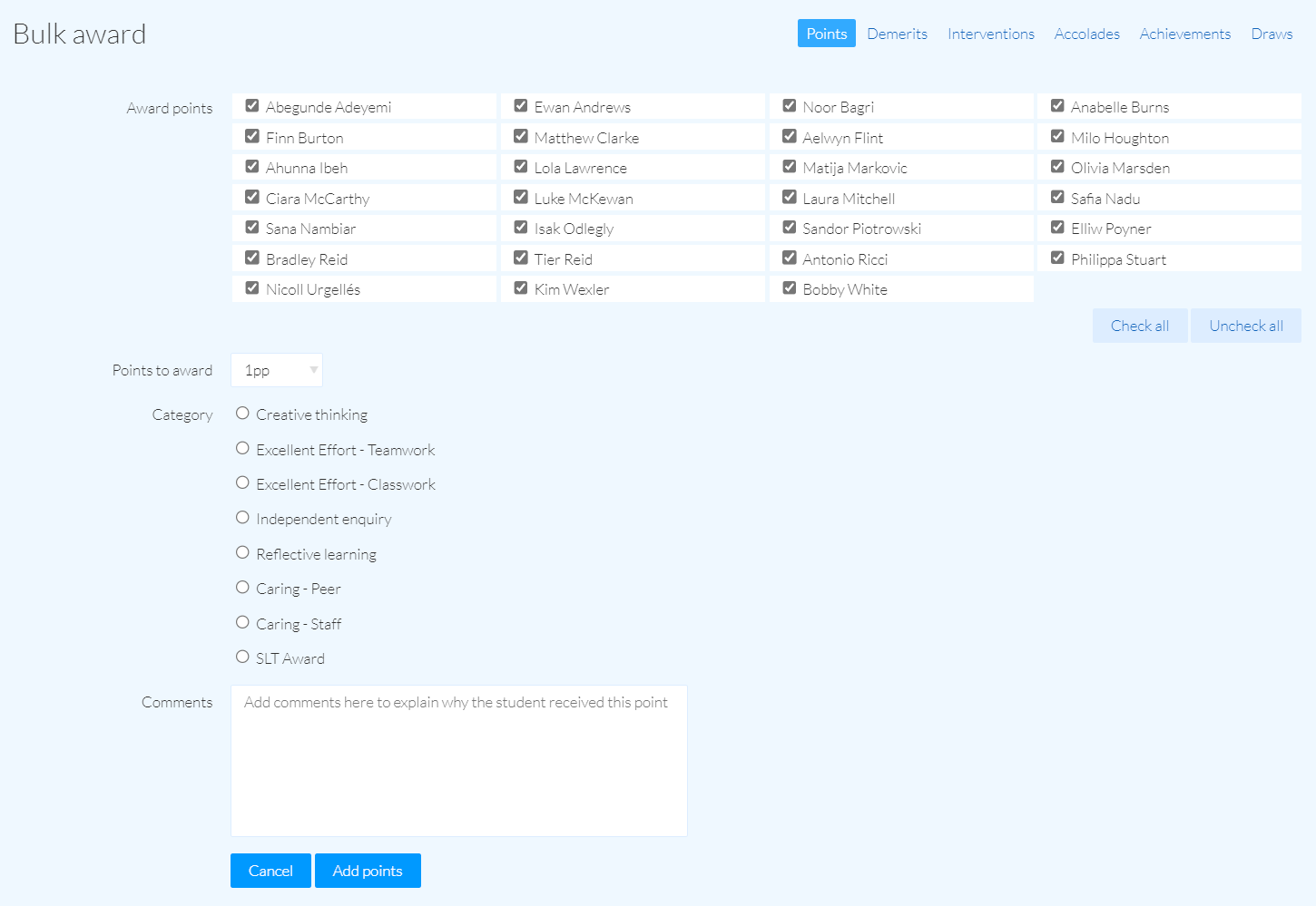 Epraise: Awarding Points