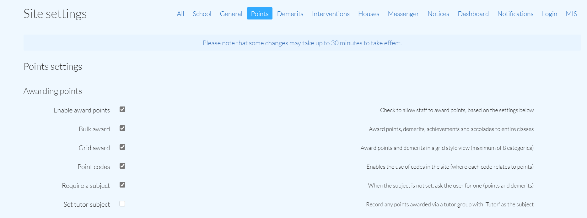 Epraise Site Settings: Points