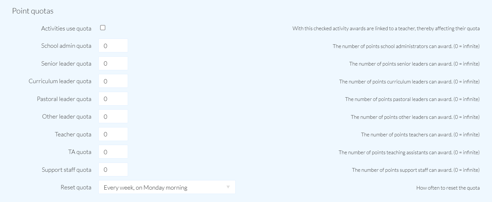 Epraise Site Settings: Points