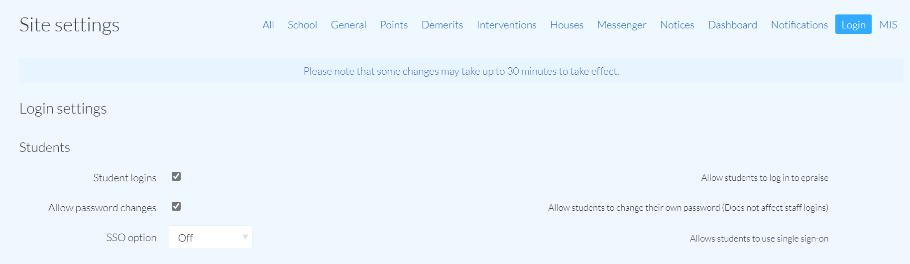 Epraise Site Settings: Login & MIS link