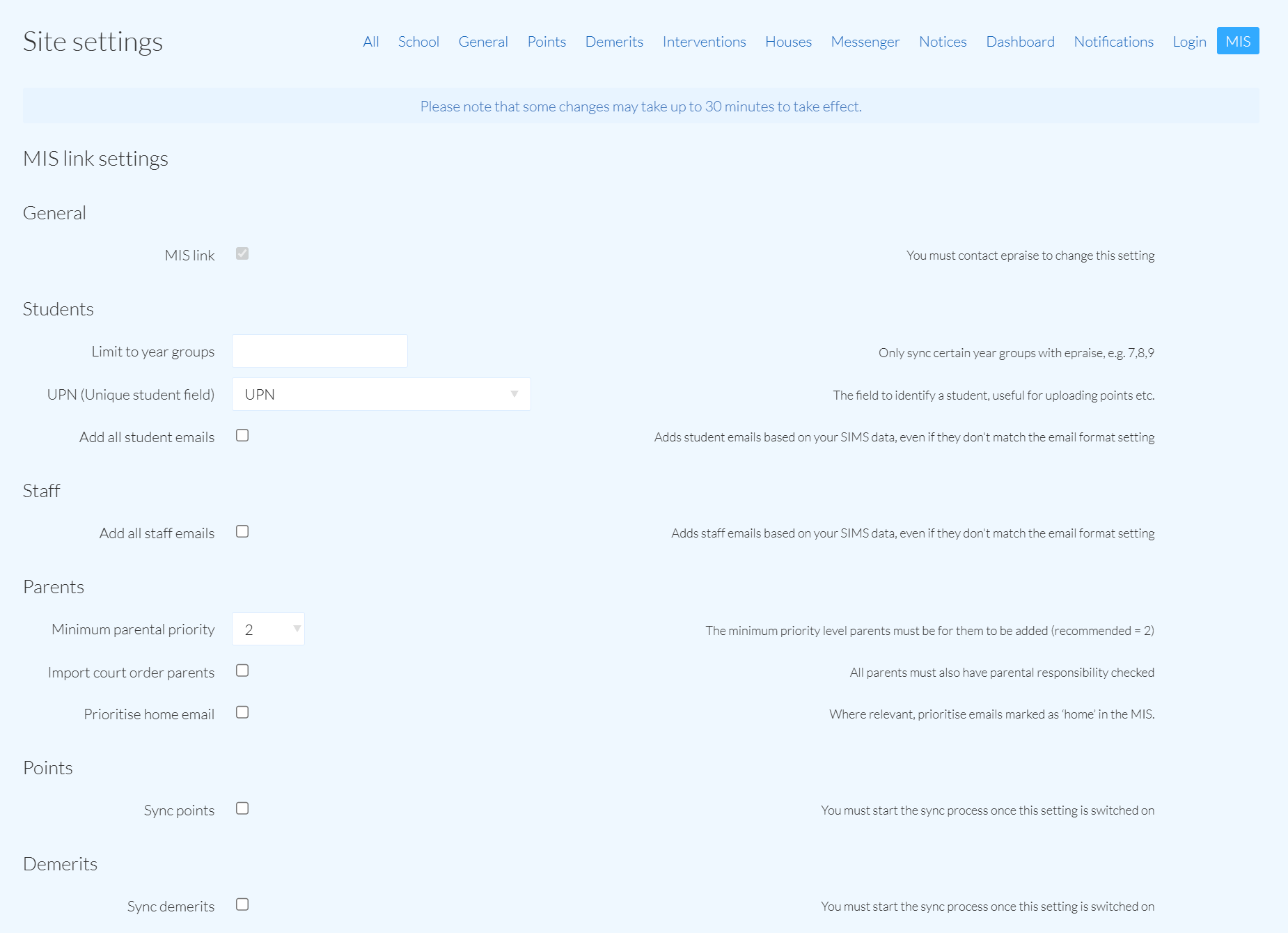 Epraise Site Settings: Login & MIS link