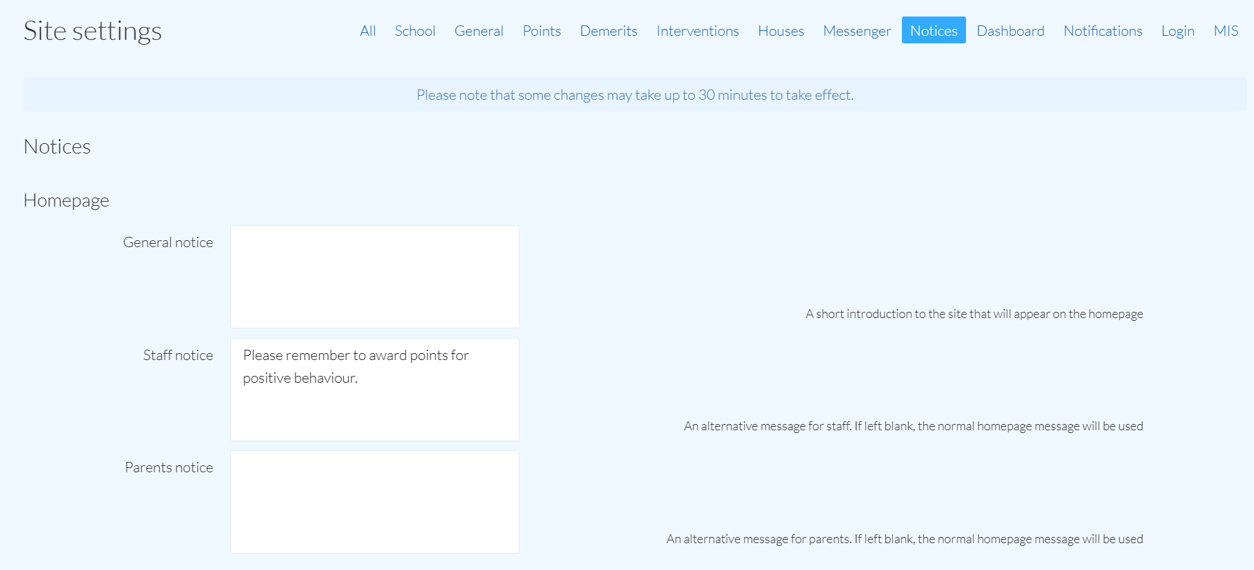 ePraise Site Settings: Notices, Dashboard & Notifications