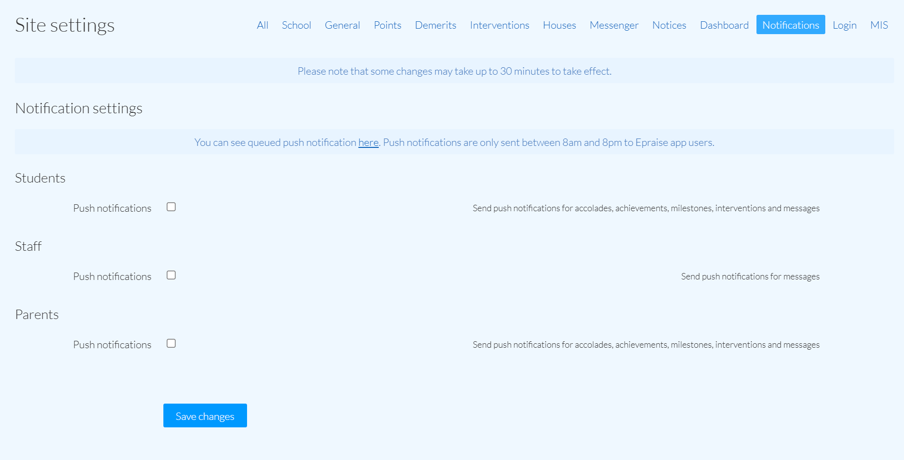 ePraise Site Settings: Notices, Dashboard & Notifications