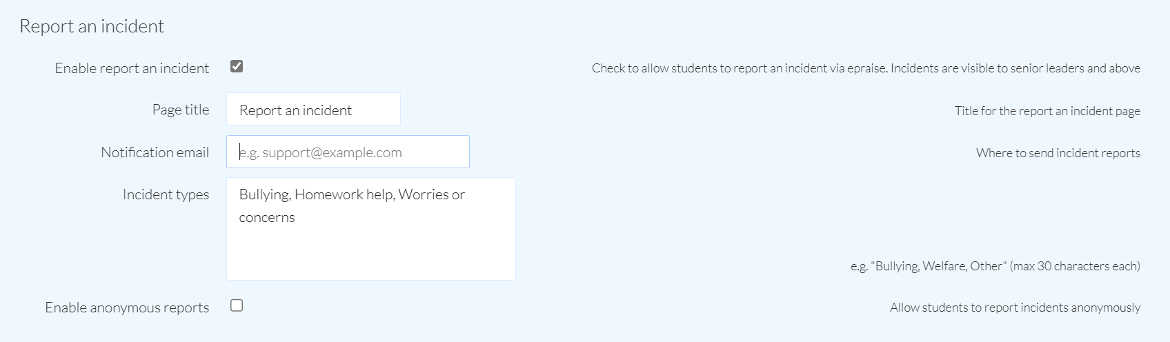 ePraise Site Settings: General