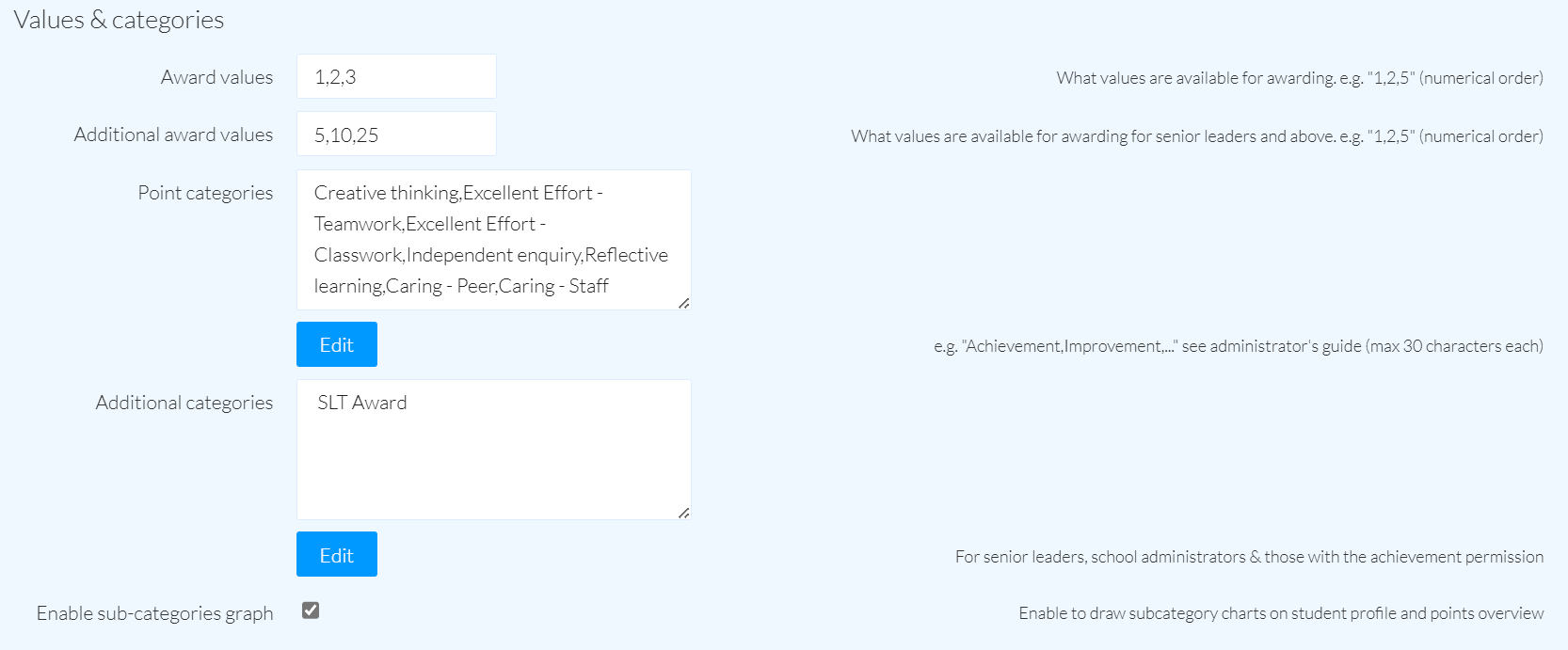 ePraise Site Settings: Points