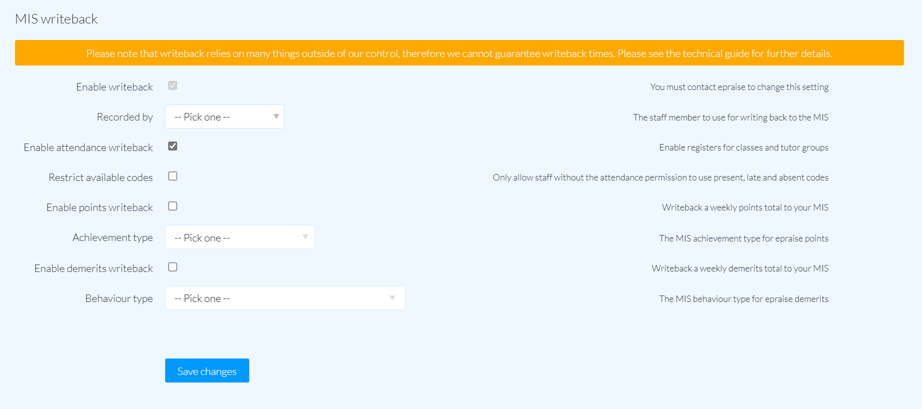 ePraise Site Settings: Login & MIS link
