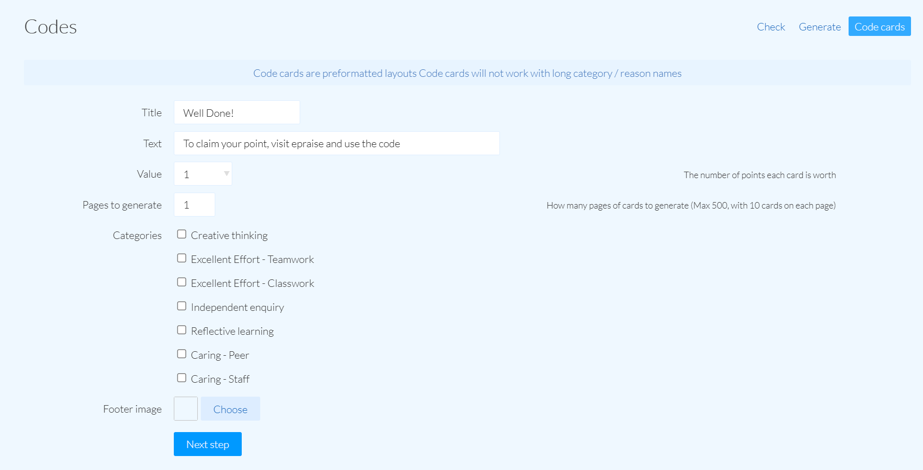 ePraise: Point Codes